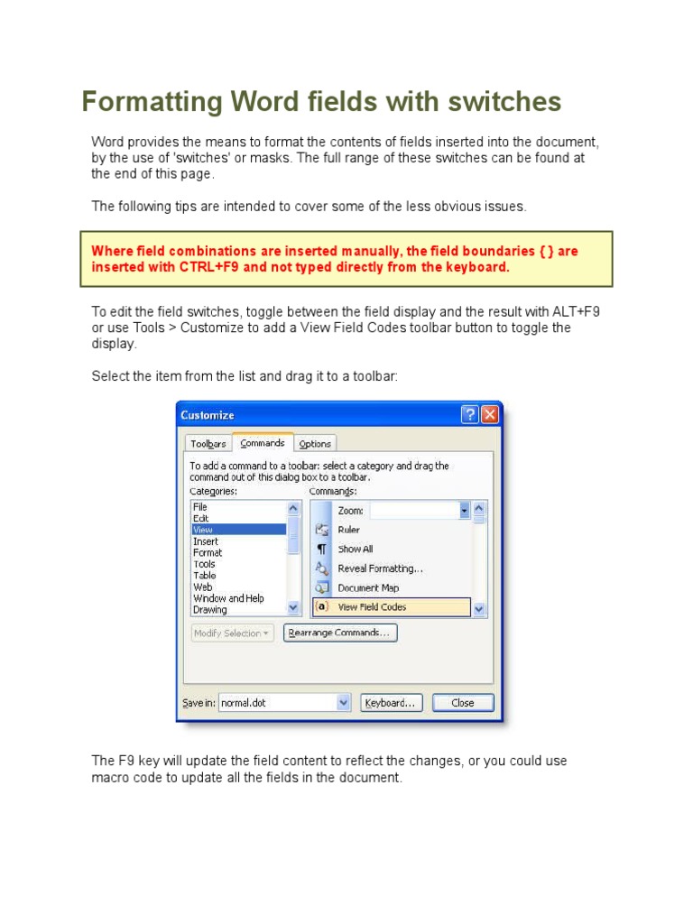 Mail Merge - Formatting Word Fields With Switches | PDF | Microsoft Excel | Microsoft Word