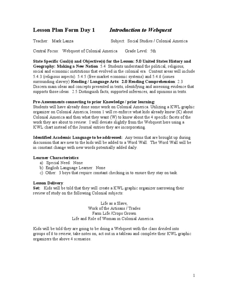 Colonial America Webquest Lesson Plan | PDF | Lesson Plan | Reading ...