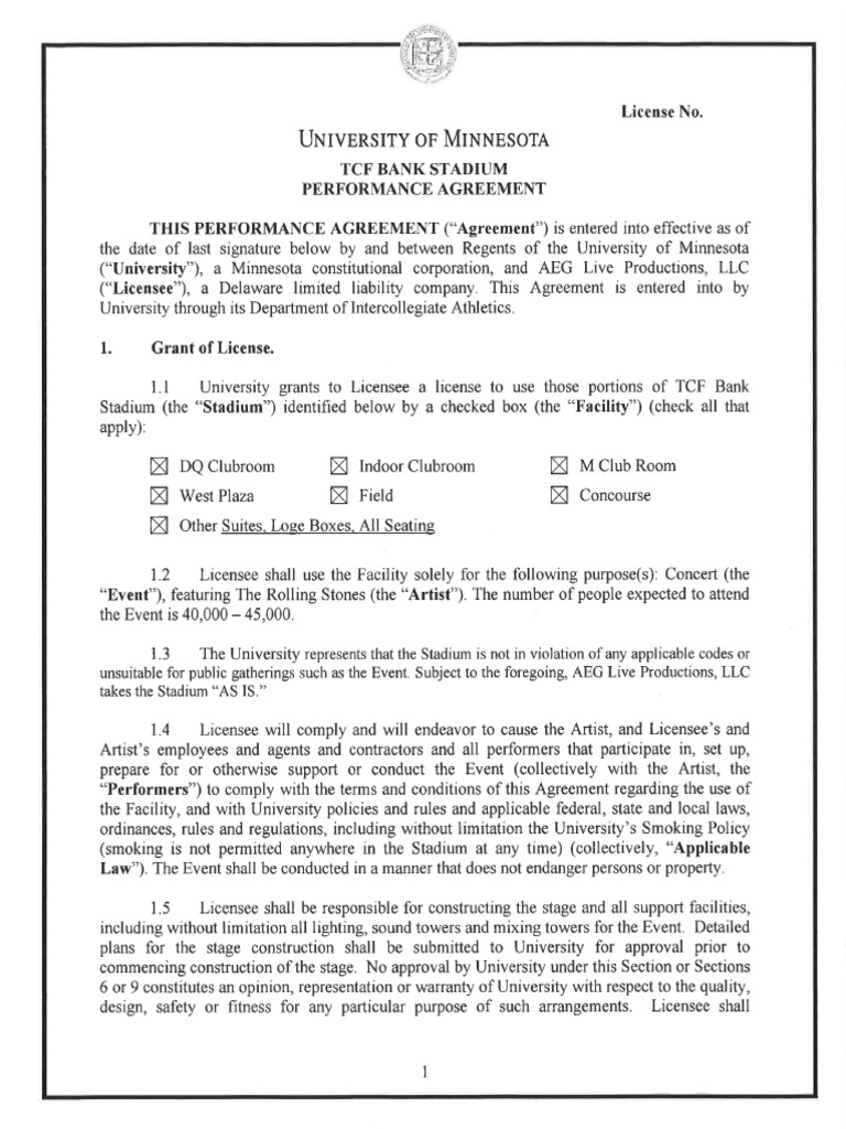 Rolling Stones TCF Bank Stadium Concert 2015 Contract | PDF