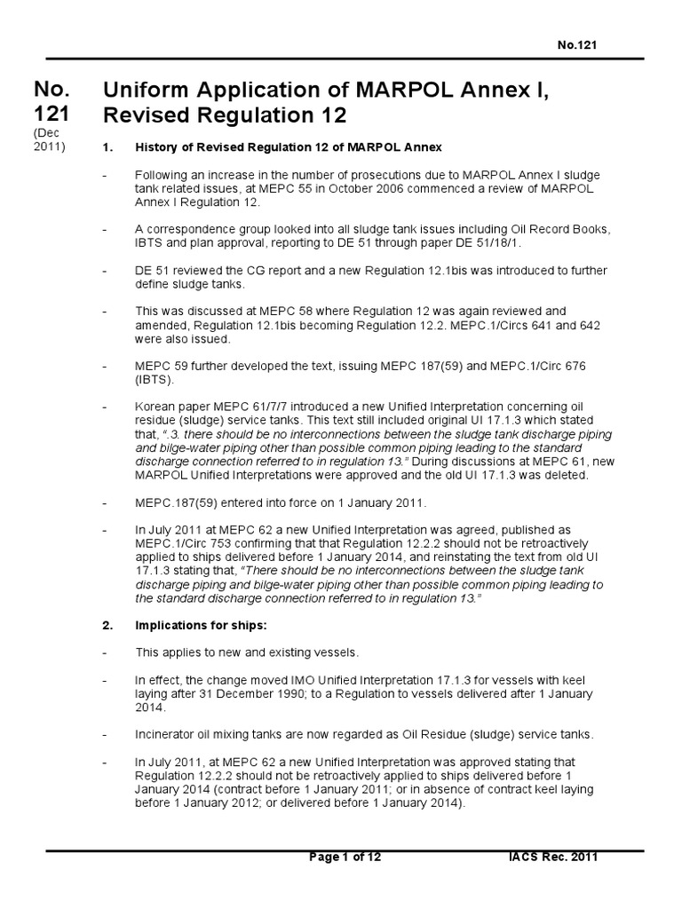 No. 121 Uniform Application of MARPOL Annex I, Revised Regulation 12 No. 121 | PDF | Pump | Valve