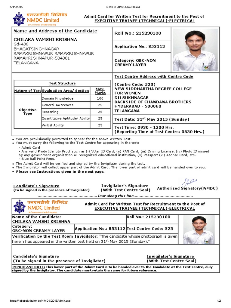 NMDC 2015 - Admit Card | Download Free PDF | Signature | Identity Document