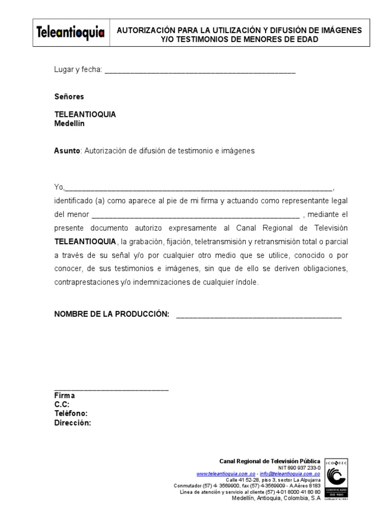Formato de Autorizacion Imagenes y Testimonios Ta Menor de Edad