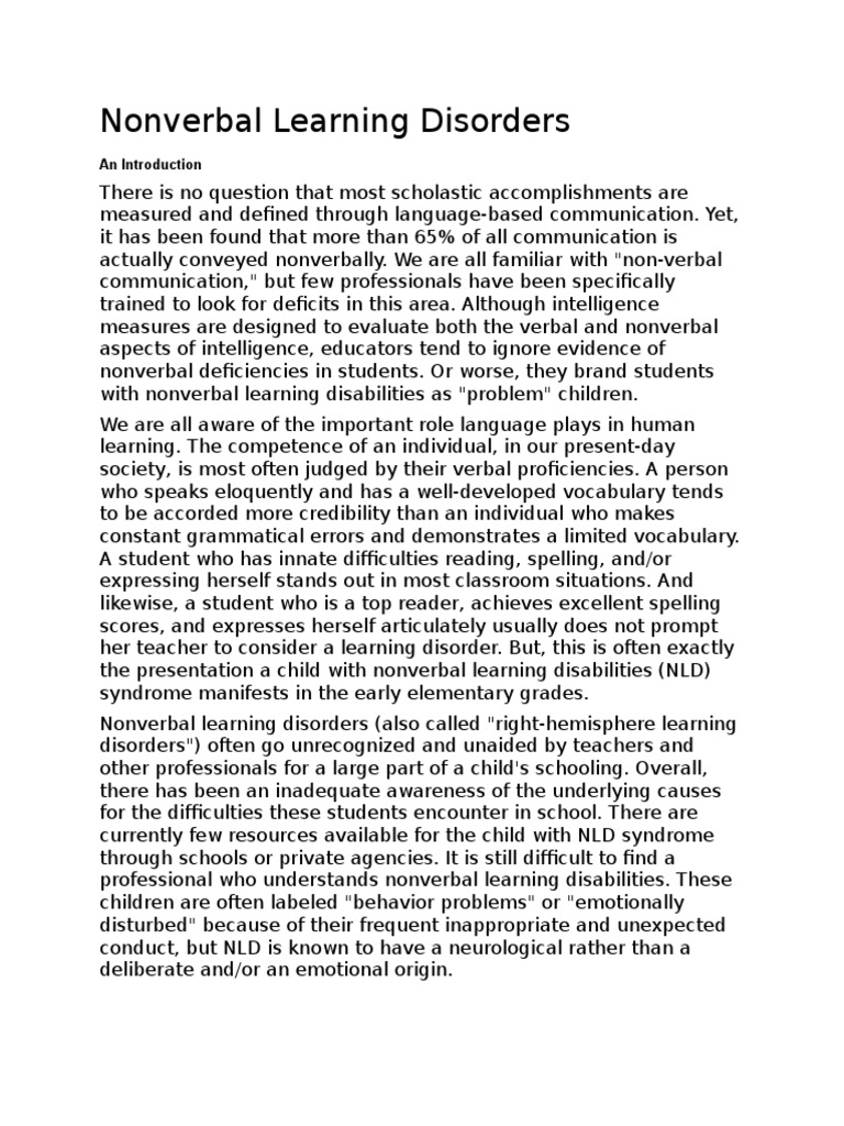 Non Verbal Learning | PDF | Learning Disability | Nonverbal Communication