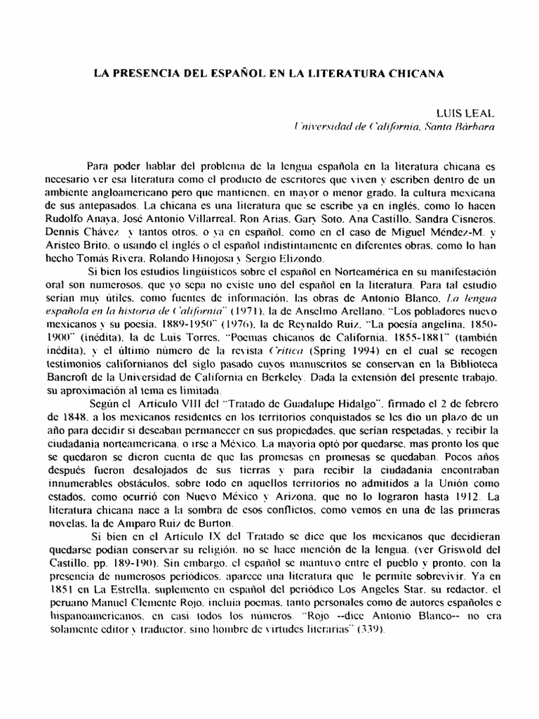 La Presencia Del Español en La Literatura Chicana | PDF | Chicano ...