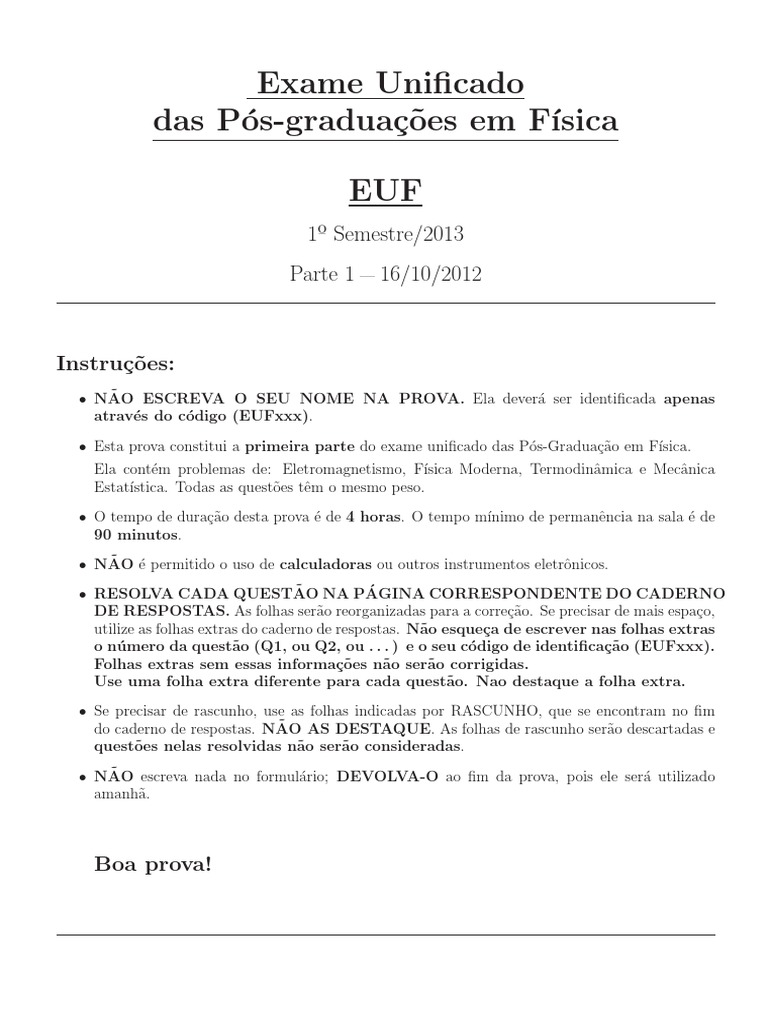 Prova - 113 (1) EUF - Out - 2012 | PDF | Mecânica Hamiltoniana | Massa