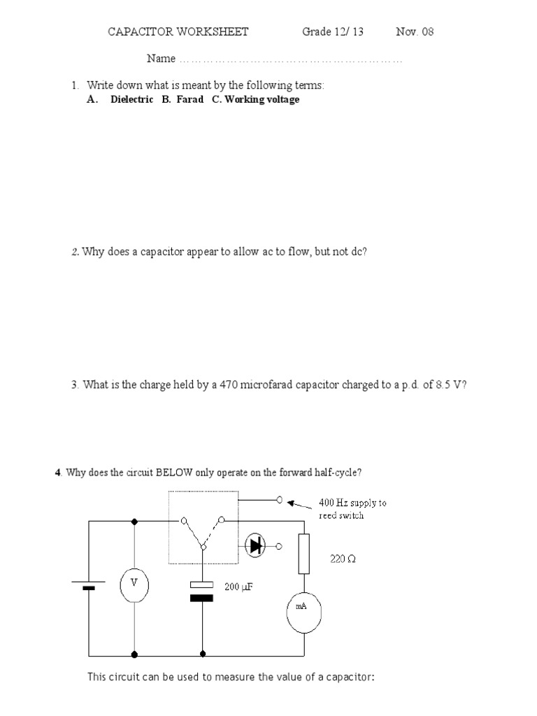 Capacitor Worksheet for Grade 12/13 | PDF