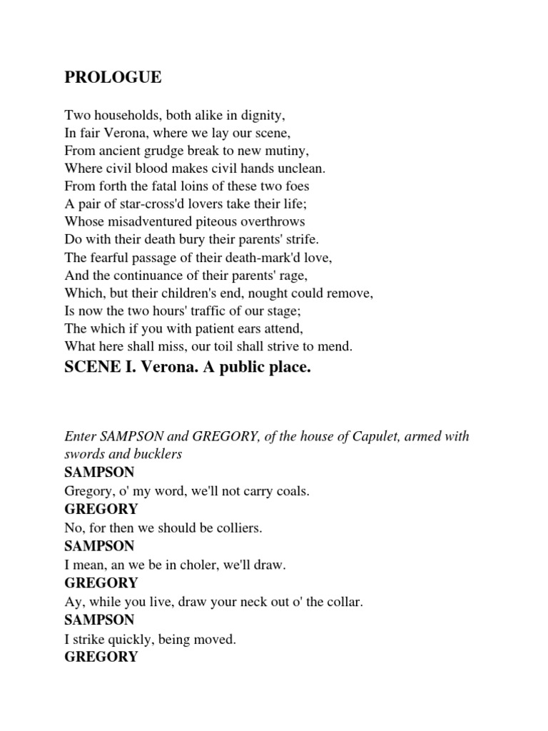 Prologue: Enter SAMPSON and GREGORY, of The House of Capulet, Armed ...