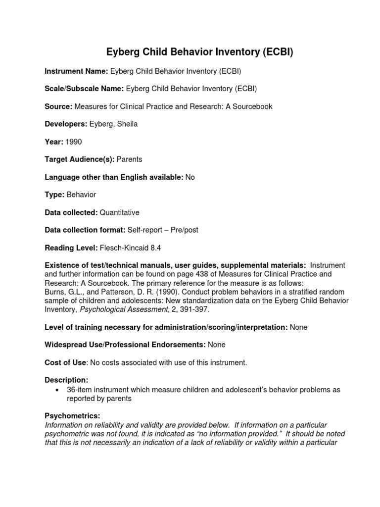 Eyberg-Child Behavior Inventory (Parents) | Psychometrics | Validity ...