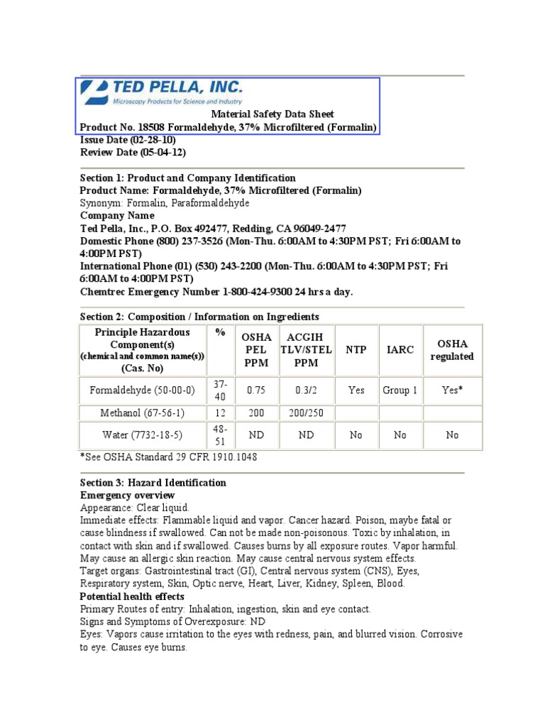 18508 msds | Formaldehyde | Dangerous Goods