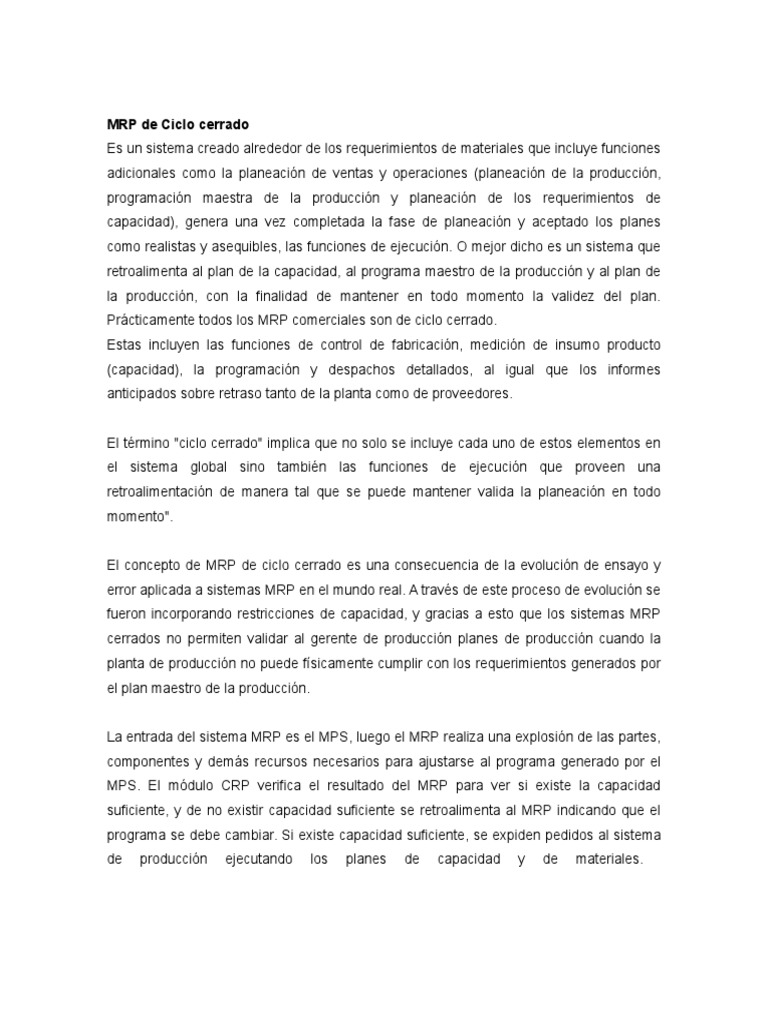 MRP de Ciclo Cerrado: Funciones y Proceso | PDF | Realimentación ...