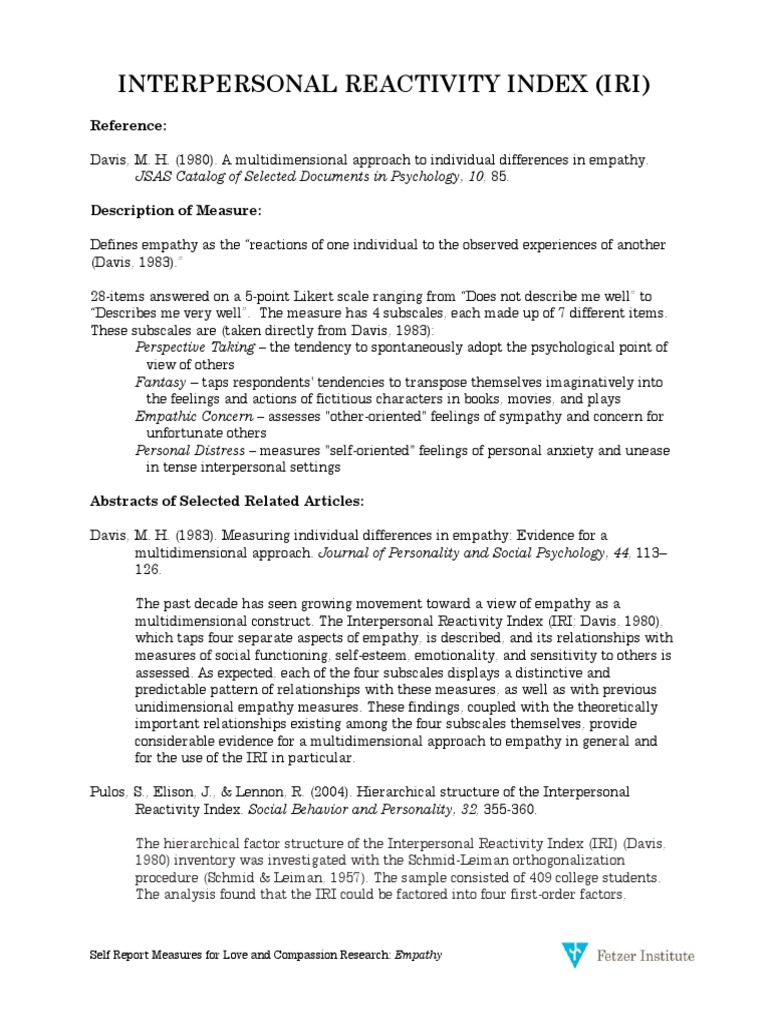 EMPATHY InterpersonalReactivityIndex | PDF | Empathy | Interpersonal ...