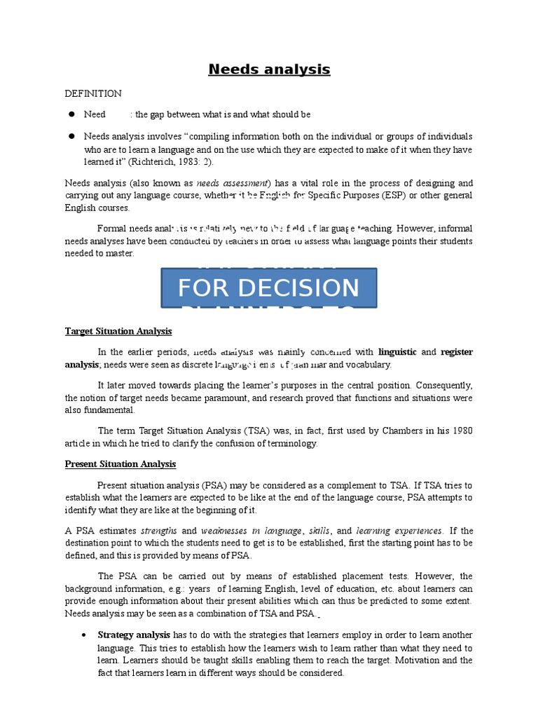 Needs Analysis | PDF | Learning | Linguistics