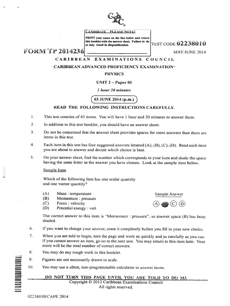 Cape Physics 2014 Unit 2 Paper 1 | PDF