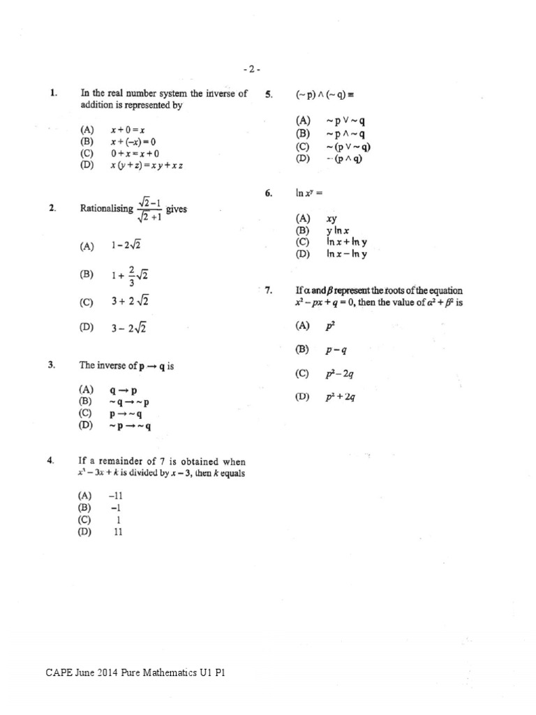 Cape Unit 1 Pure Mathematics (2014) P1 | PDF