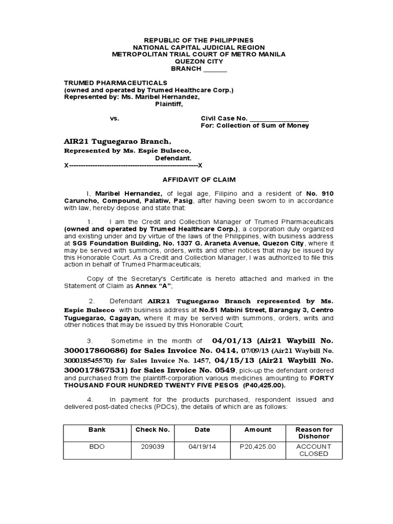 AFFIDAVIT OF CLAIM-Air21.odt | PDF | Summons | Cheque
