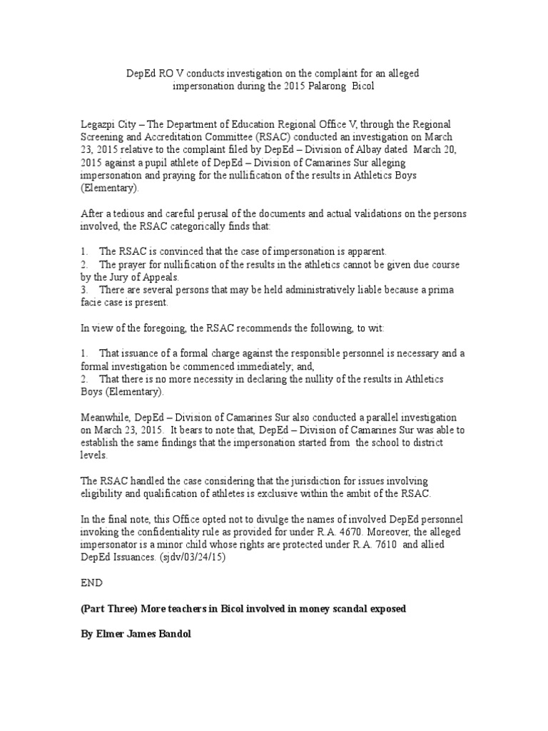 DepEd RO V Conducts Investigation On The Complaint For An Alleged | PDF ...