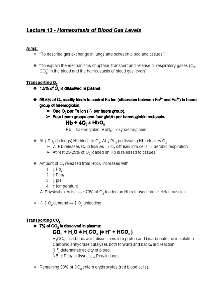 Lecture 13 Homeostasis of Blood Gas Levels: HB + 4O Hbo | PDF ...