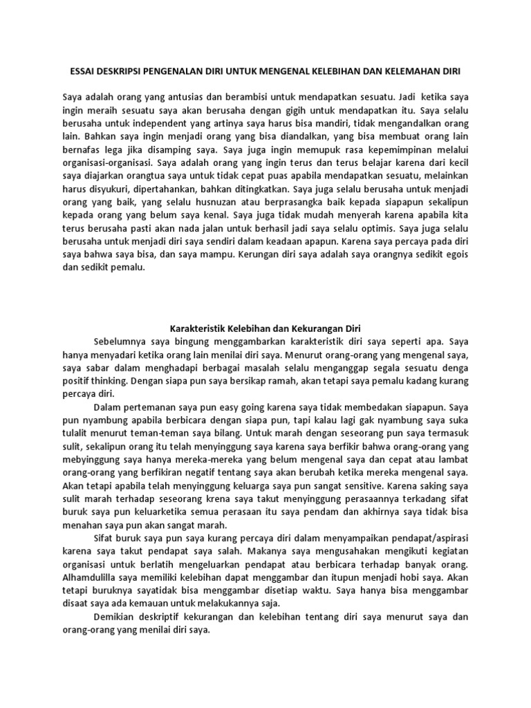 Essai Deskripsi Pengenalan Diri Untuk Mengenal Kelebihan Dan Kelemahan Dir1 | PDF