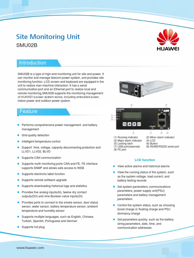 HUAWEI SMU02B Monitoring Unit Data Sheet | Rectifier | Power Supply