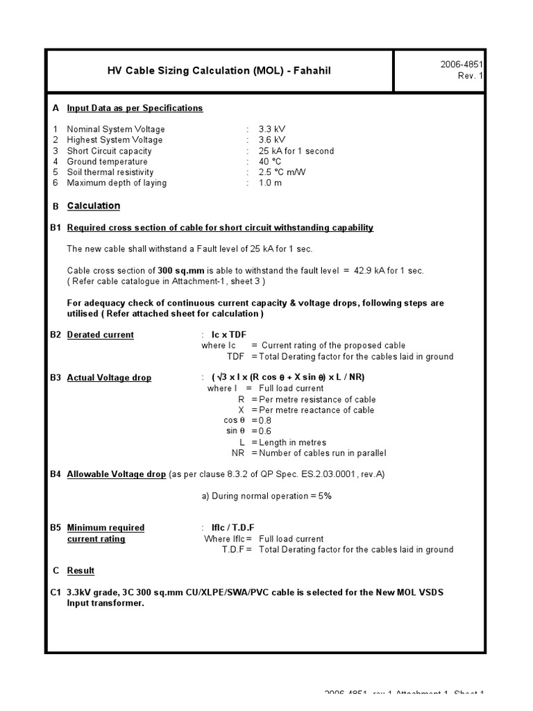 HV Cable Sizing Calculation | PDF | Voltage | Cable