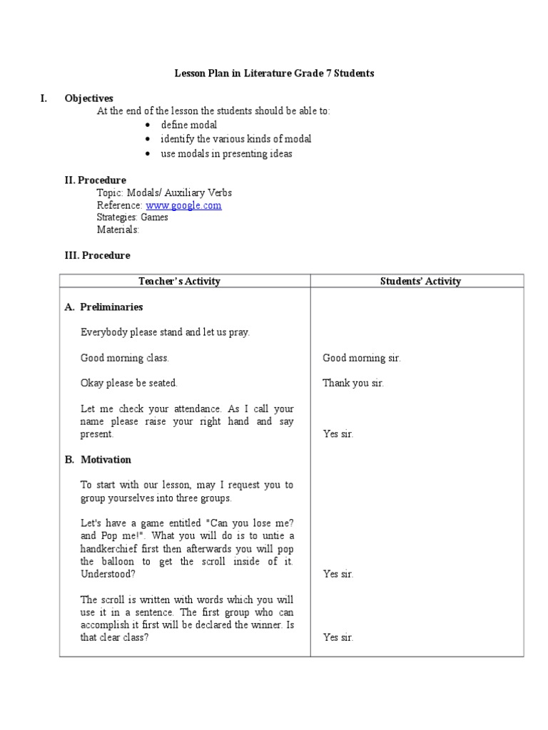 Lesson Plan in Modals Grade 7 Students | Lesson Plan