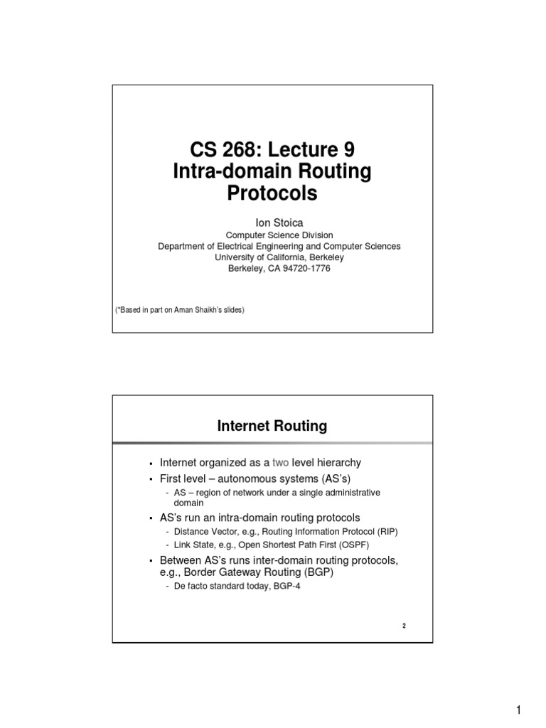 CS 268: Lecture 9 Intra-Domain Routing Protocols | PDF | Routing | Network Topology