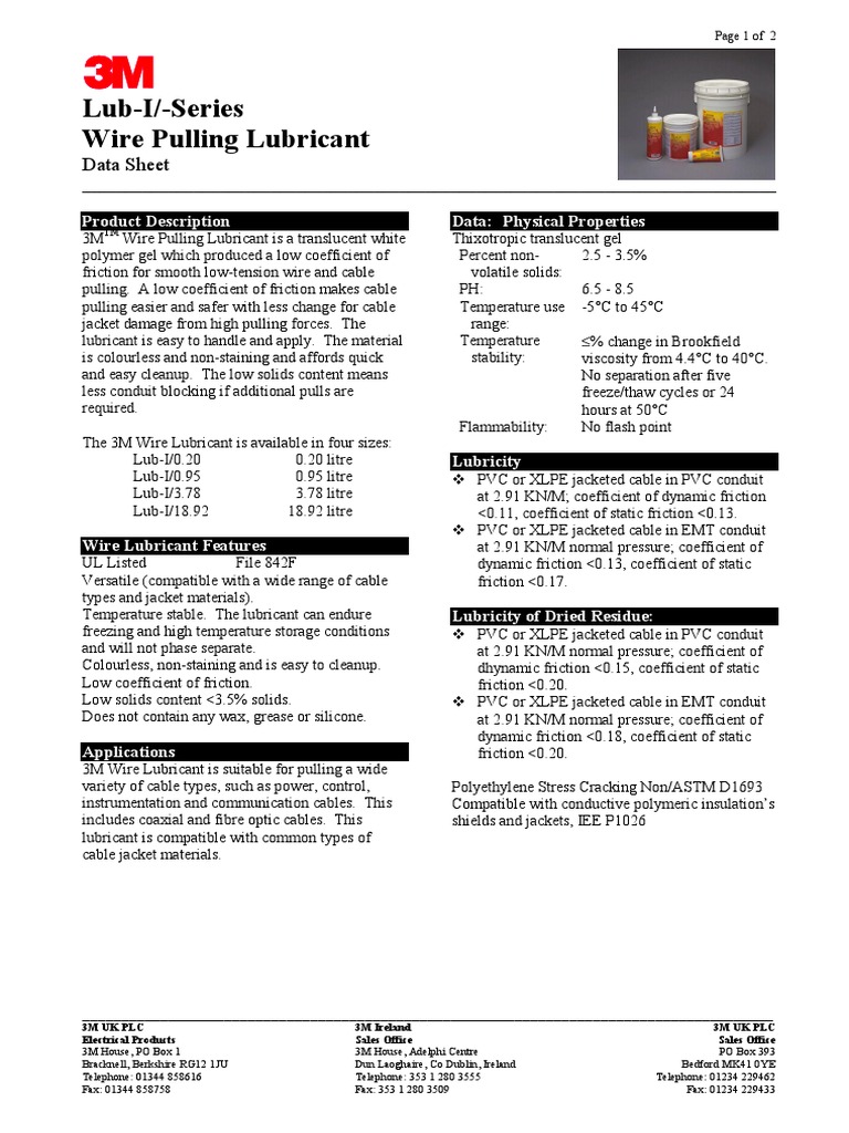 Cable Pulling Lubricant - Data Sheet (En Ingles) | PDF | Cable | Friction