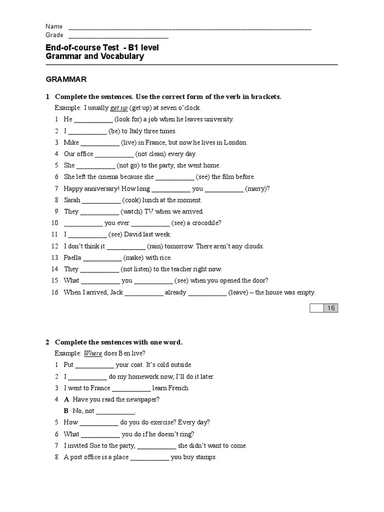 End-of-course Test - B1 level Grammar and Vocabulary | PDF