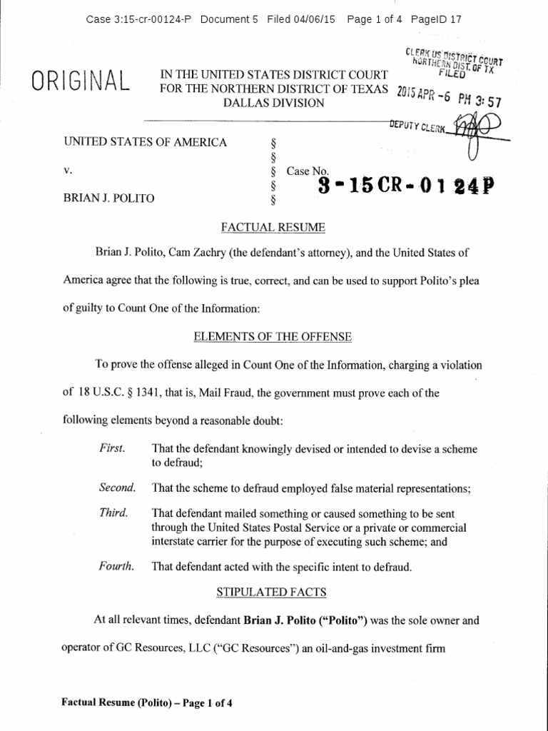 Factual Resume in U.S. v. Brian J. Polito | PDF | Law