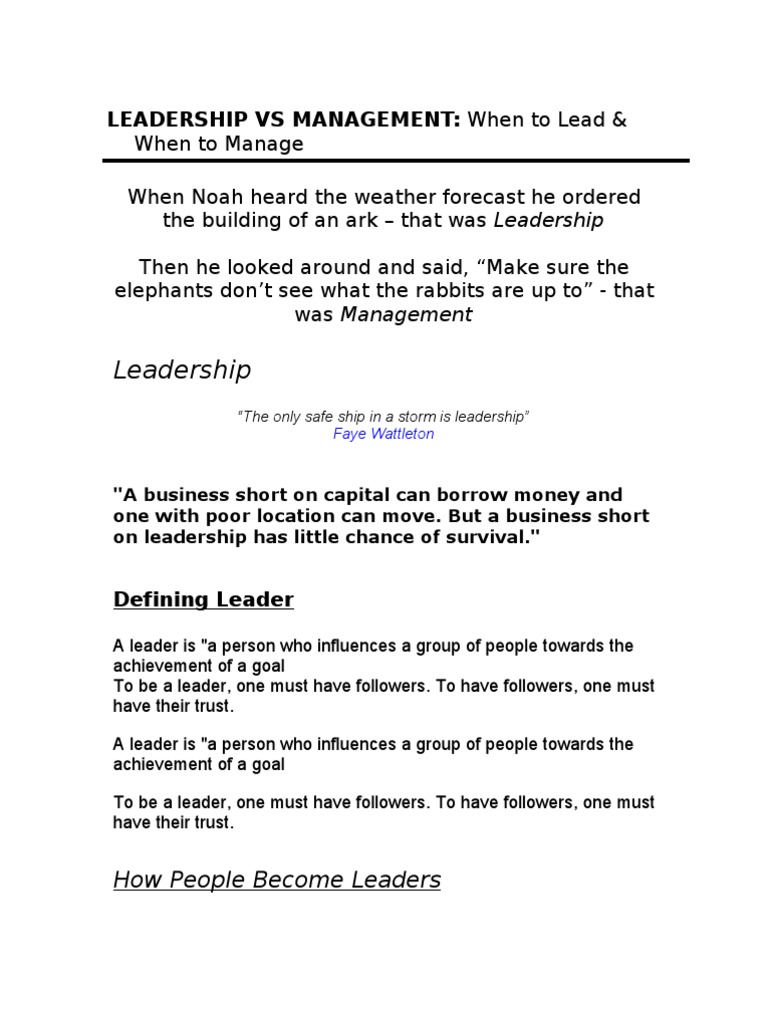 Leadership: Leadership Vs Management: When To Lead & | PDF | Leadership ...