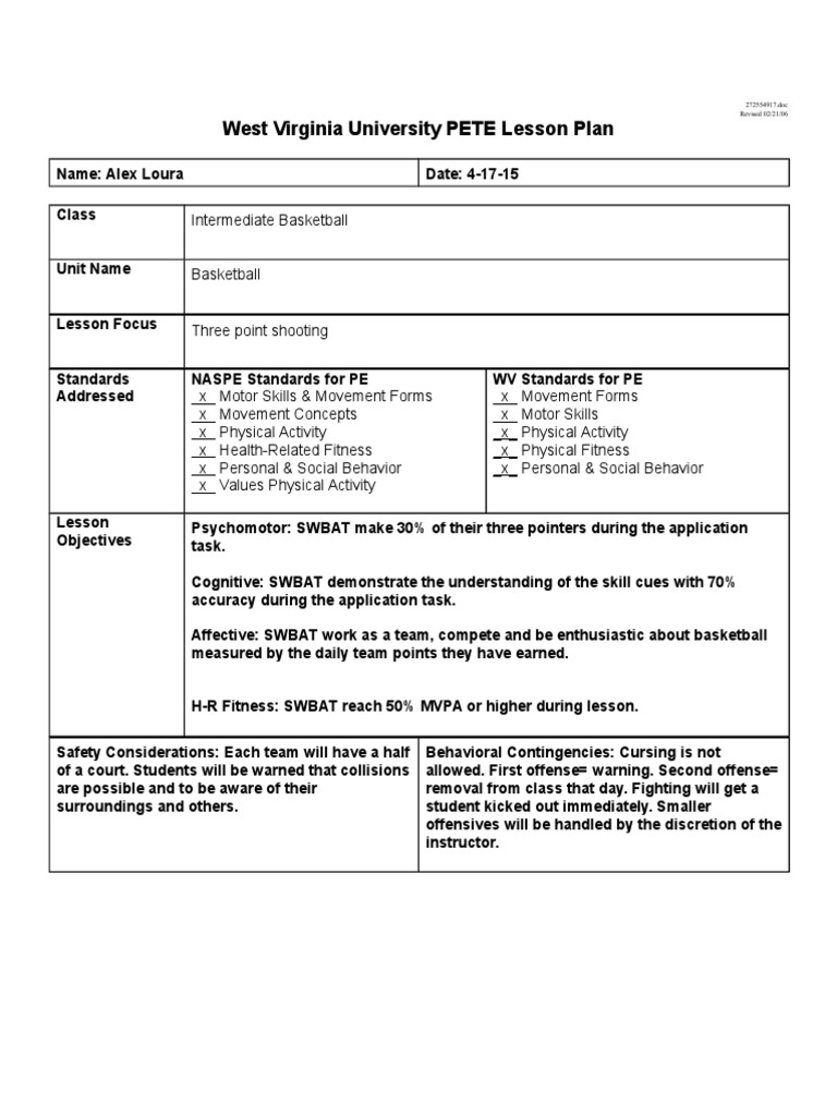 Three Point Basketball Lesson Plan | PDF | Physical Education | Lesson Plan
