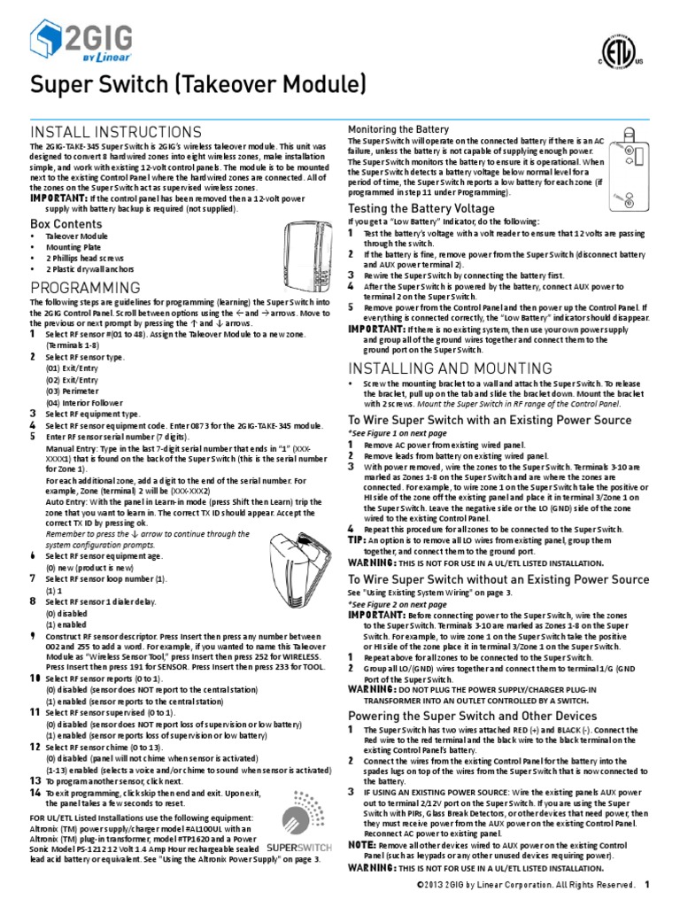 2GIG TAKE 345 Install Guide | PDF