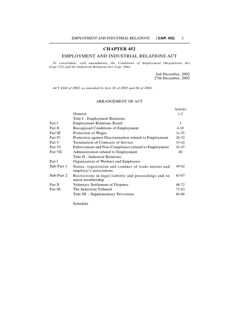 Employment and Industrial Relations (Cap. 452. 1 | PDF | Discrimination ...