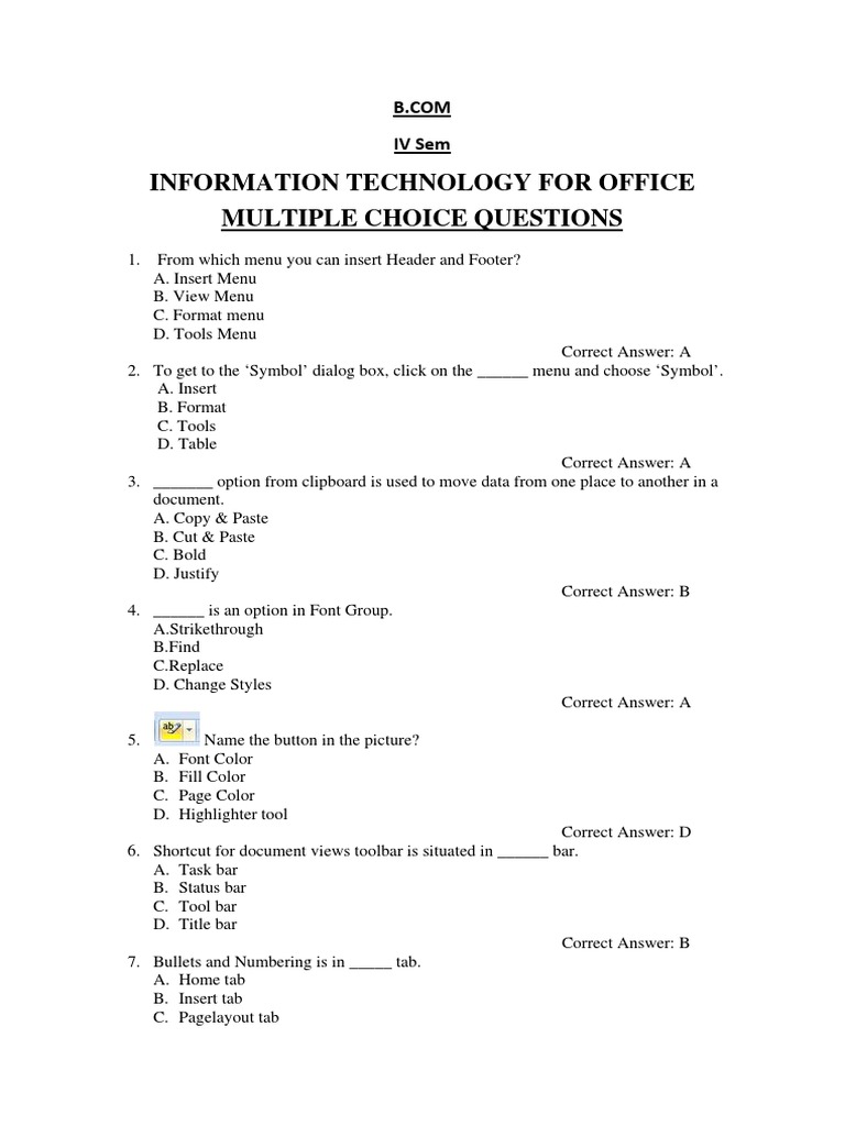 Office IT Multiple Choice Questions | PDF | Microsoft Excel | Microsoft ...