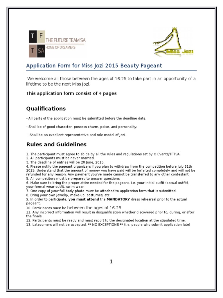 Application Form 2015 Miss Jozi Beauty Pageant | Government | Politics