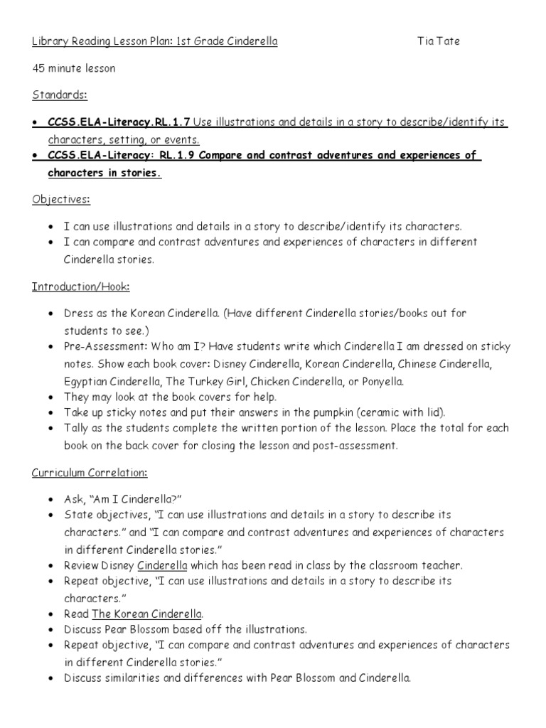 1st Grade Cinderella Lesson Plan | PDF | Cinderella | Lesson Plan