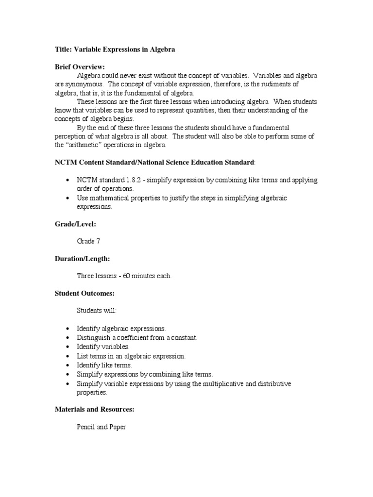 Variable, Coefficient, Constant 7th Grade | PDF | National Council Of ...