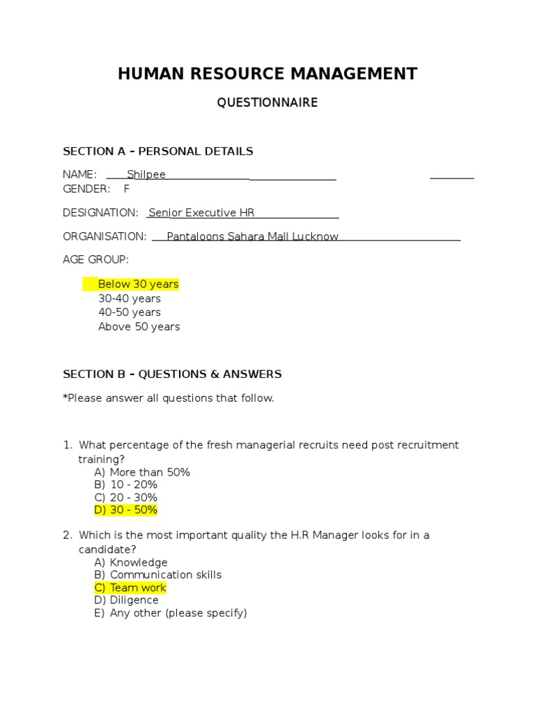Human Resource Management: Questionnaire | PDF | Competence (Human ...