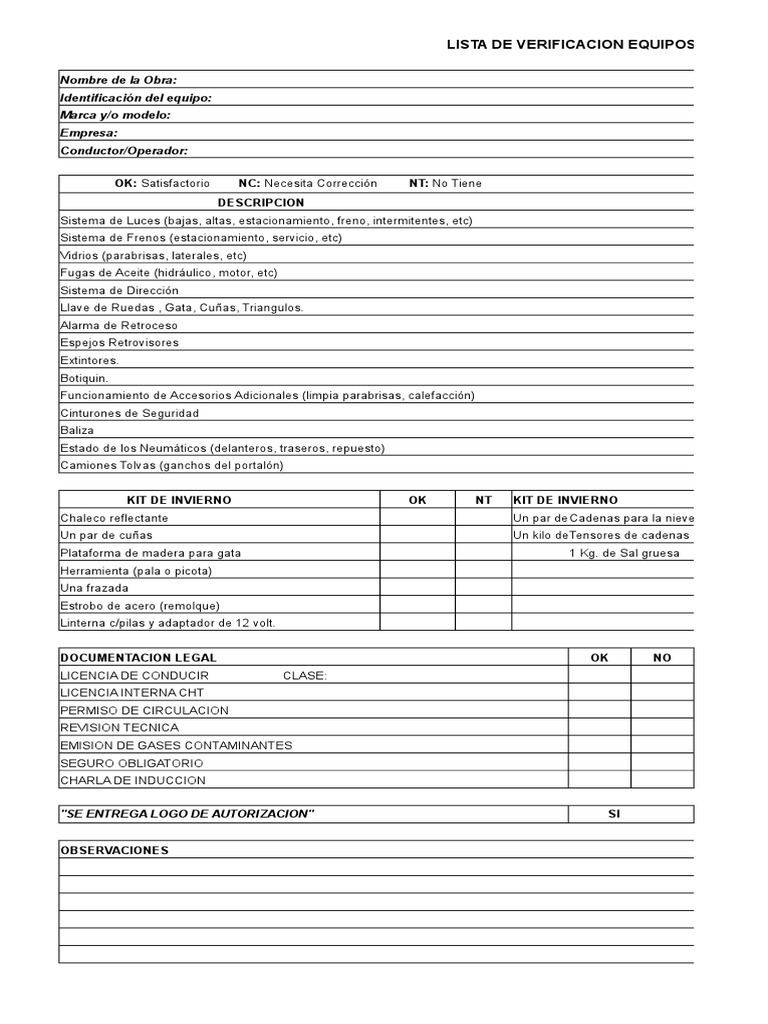 Check List Equipos y Maquinarias | PDF