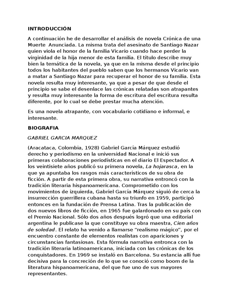 Analisis de Obra Cronica de Una Muerte Anuciada Gabriel Garcia Marques ...
