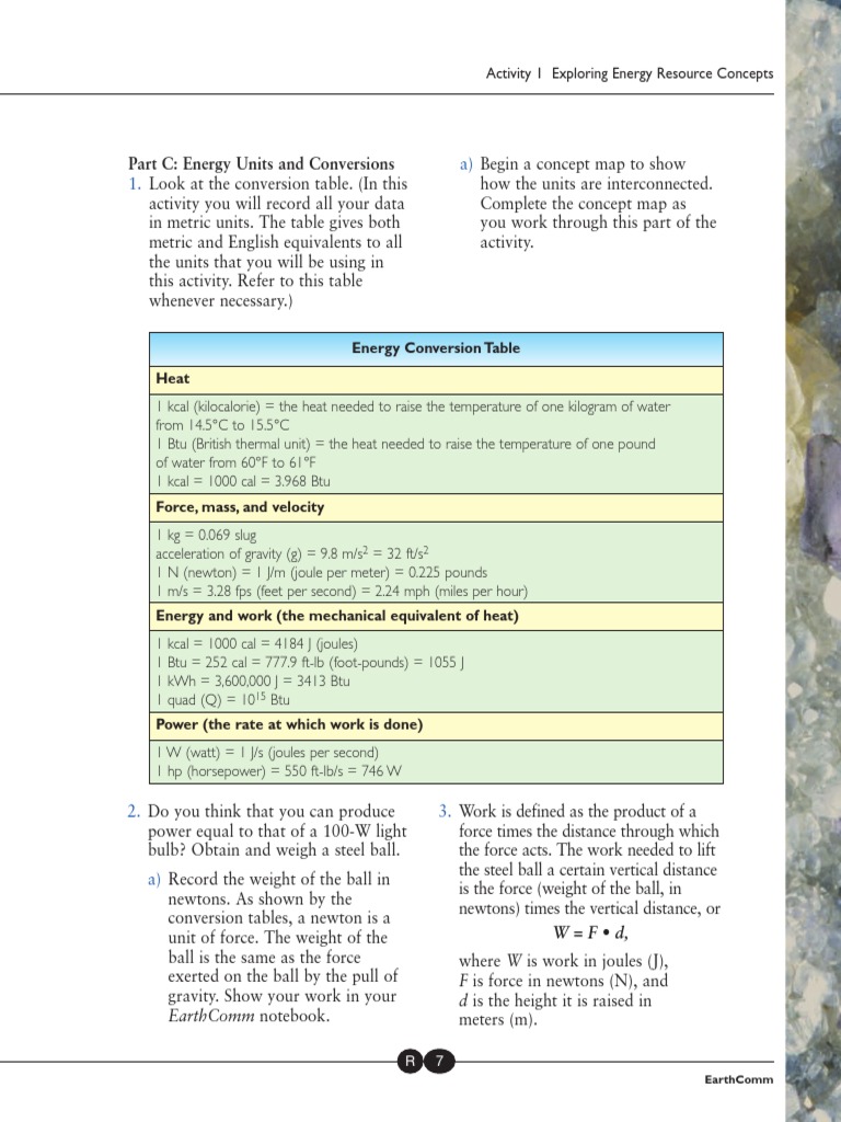Part C: Energy Units and Conversions: Energy Conversion Table Heat ...