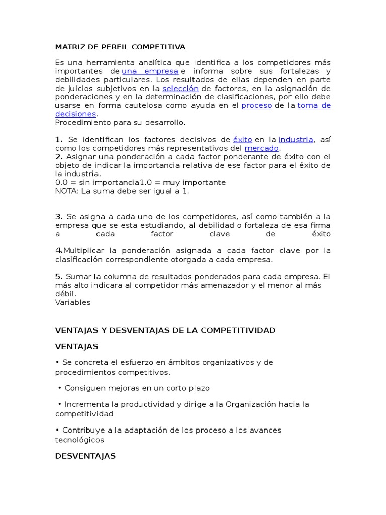 Matriz de Perfil Competitiva | Competitividad | Toma de decisiones