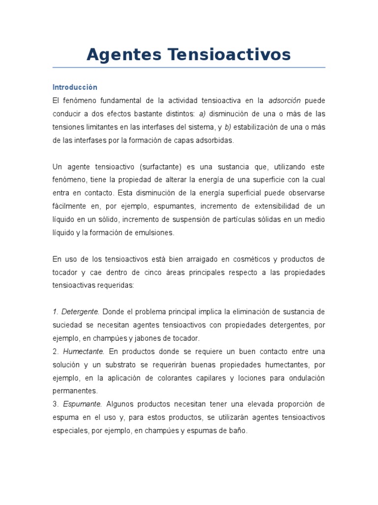 Ejemplos y Propiedades de Tensioactivos | PDF | Tensioactivo | Detergente