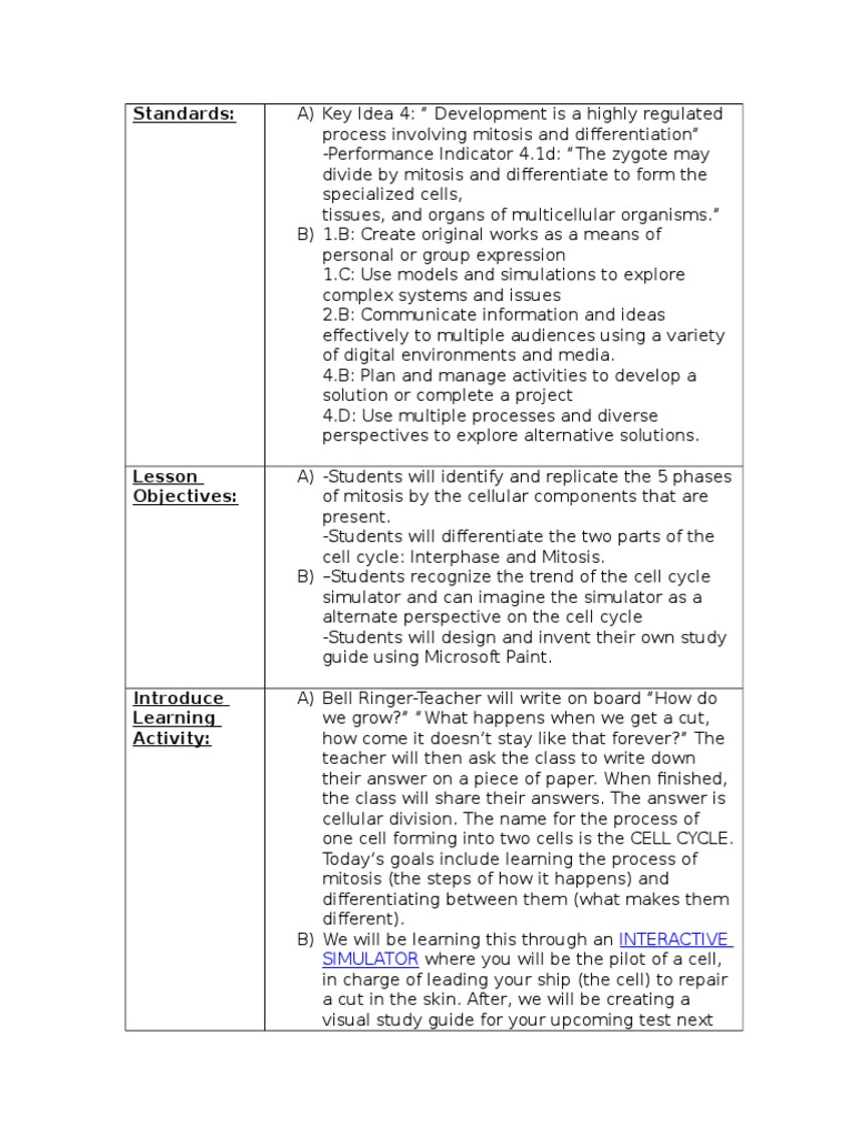 Ed Tech - Lesson Plan - The Cell Cycle | PDF | Mitosis | Cell Cycle