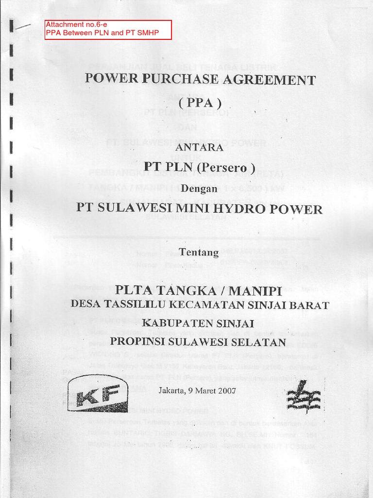 Power Purchase Agreement for PLTA Tangka | PDF