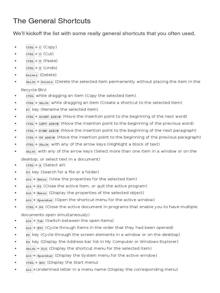 The General Shortcuts: We'll Kickoff The List With Some Really General ...