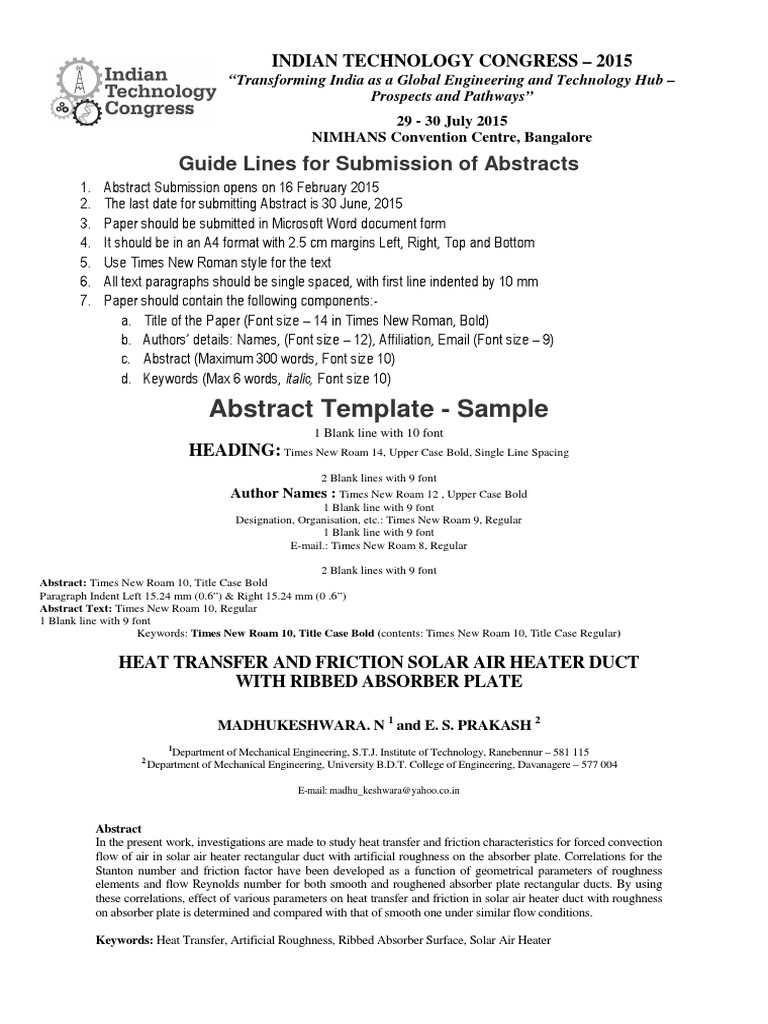 Abstract Template - Sample: Guide Lines For Submission of Abstracts ...
