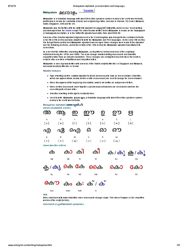 Malayalam Alphabet, Pronunciation and Language | PDF | Alphabet ...
