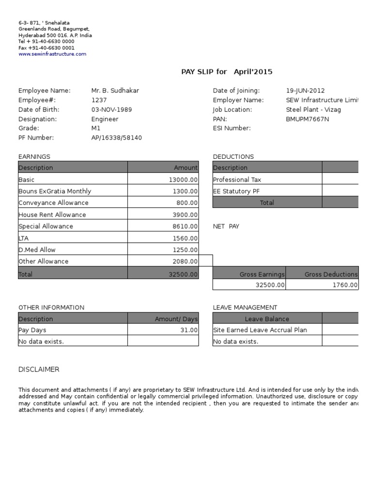 SEW Infrastructure April 2015 Payslip | PDF