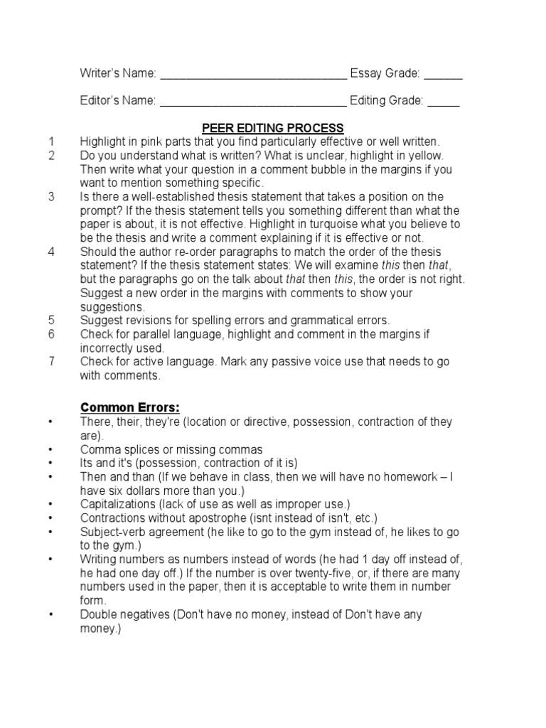 Peer Editing Process | PDF